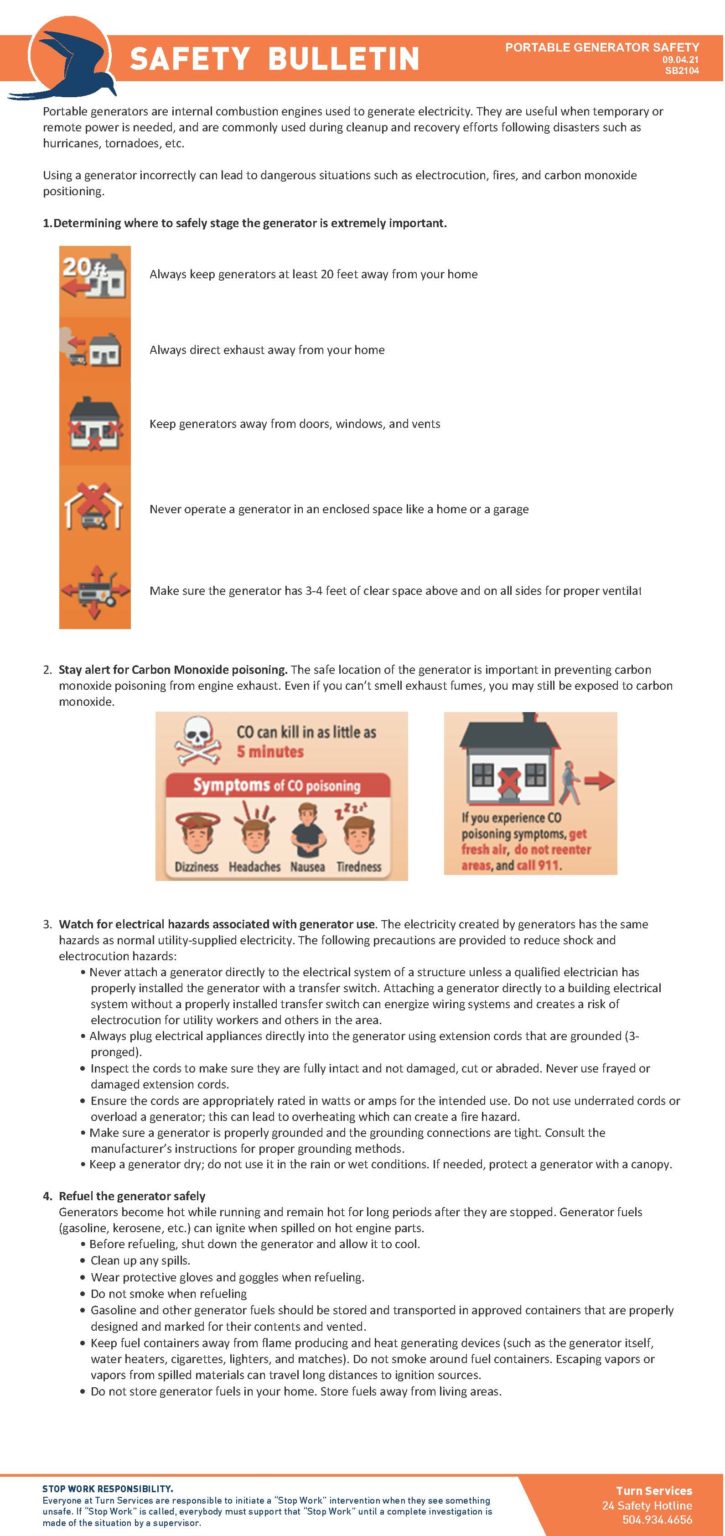 SAFETY BULLETIN: Portable Generator Safety - Turn Services